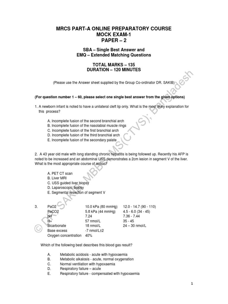 Mrcs Part-A Online Preparatory Course Mock Exam-1 Paper - 2 | PDF | Kidney Transplantation ...