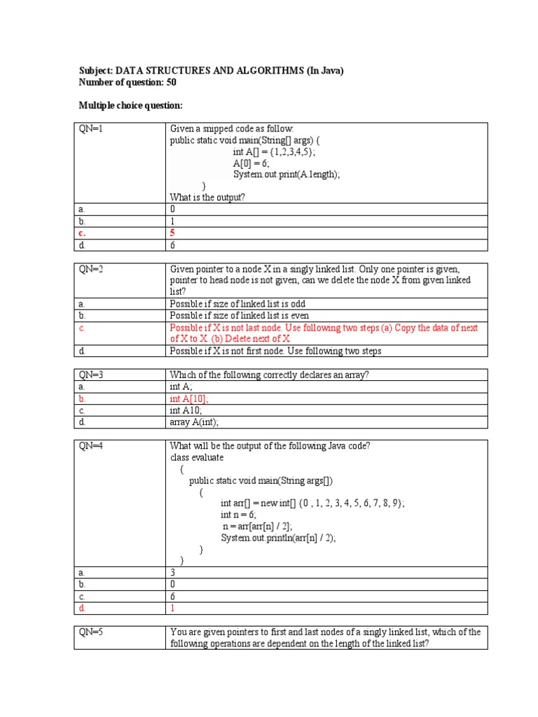 Subject: Data Structures and Algorithms (In Java) Number of Question: 50 Multiple Choice ...
