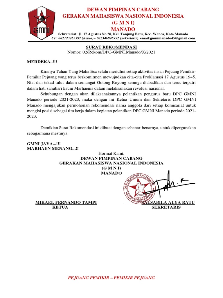 02 Rekom Tim Kerja Pelantikan DPC GMNI | PDF