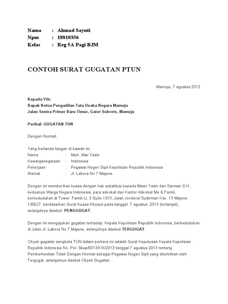Contoh Surat Gugatan PTUN Pemberhentian PNS | PDF