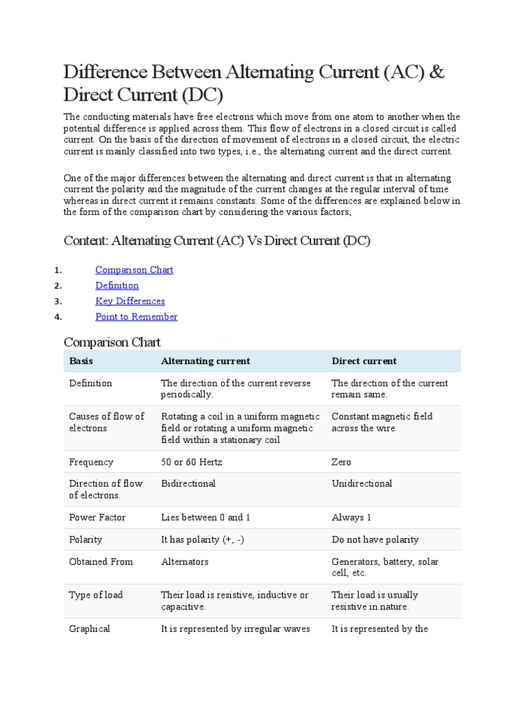 Difference Between Alternating Current | PDF | Alternating Current | Direct Current