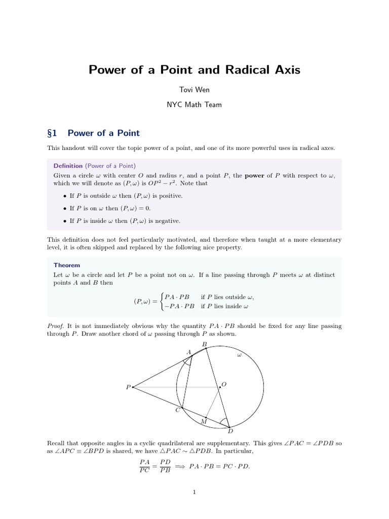 Power of A Point and Radical Axis | PDF | Circle | Perpendicular