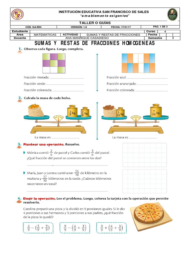 Guia Sumas y Restas de Fracciones | PDF