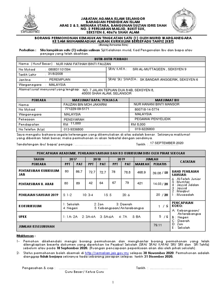 Borang Permohonan TKT 1 Sam Muhammadiah (KBT) 2021 | PDF