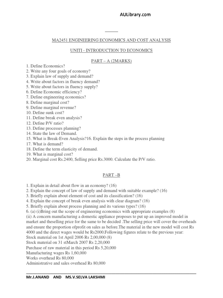 MA2451-Engineering Economics and Cost Analysis-1 QB | PDF ...
