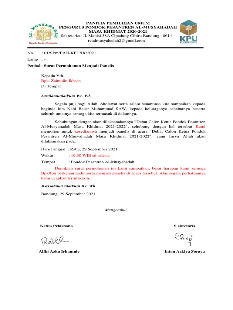 Surat Permohonan Menjadi Panelis | PDF