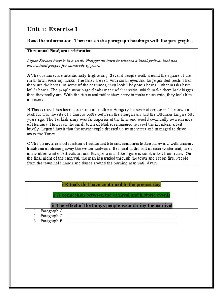 Unit 4: Exercise 1: Read The Information. Then Match The Paragraph ...