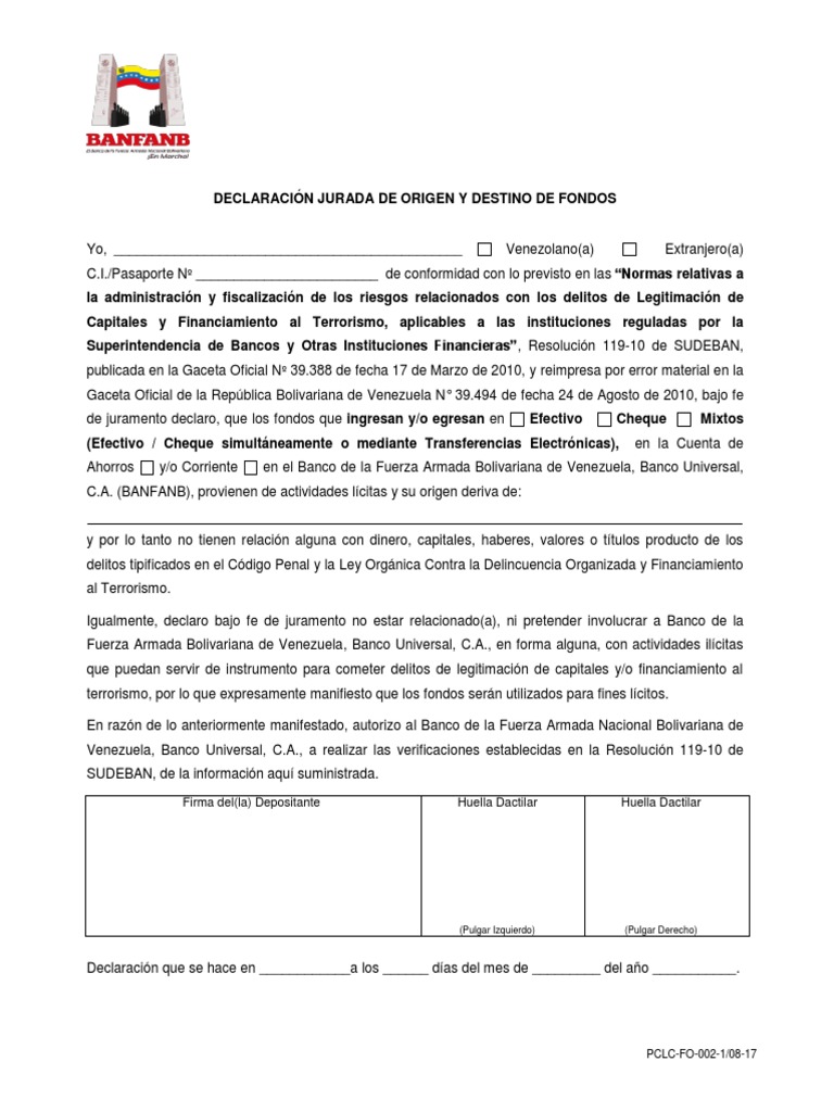 Declaración Jurada Origen y Destino de Fondos | PDF | Bancos | Venezuela Declaración Jurada Origen y Destino de Fondos | PDF | Bancos | Venezuela