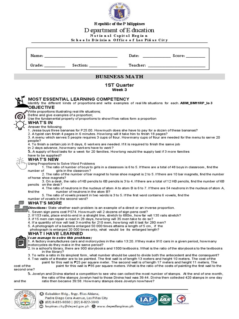 BM Worksheet q1 Week 3 | PDF | Atoms | Ratio