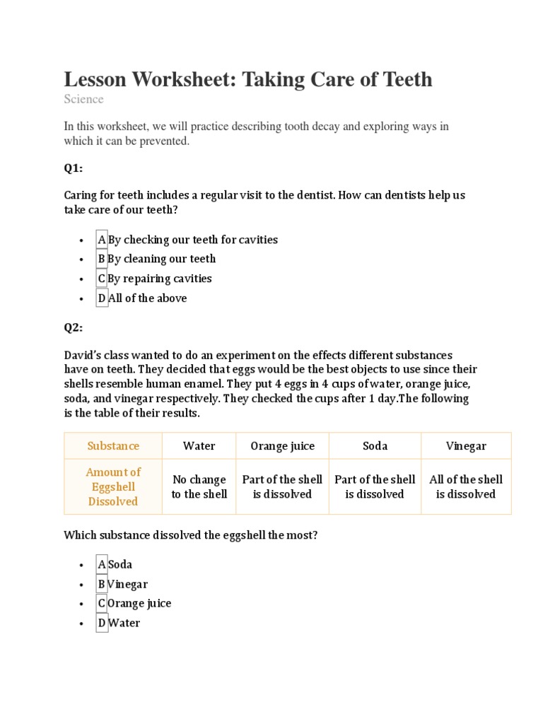 Grade 4 Teeth Care Worksheet | PDF | Tooth Enamel | Tooth