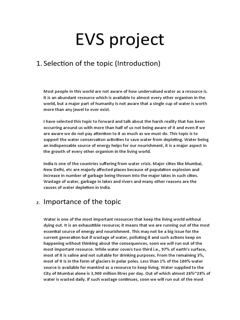 EVS Project: 1. Selection of The Topic (Introduction) | PDF | Water ...