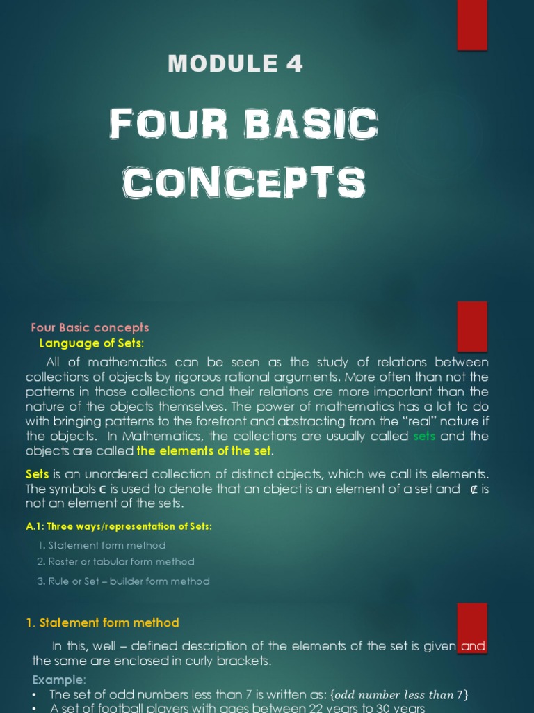 Four Basic Concepts of Sets in Math | PDF | Set (Mathematics) | Numbers
