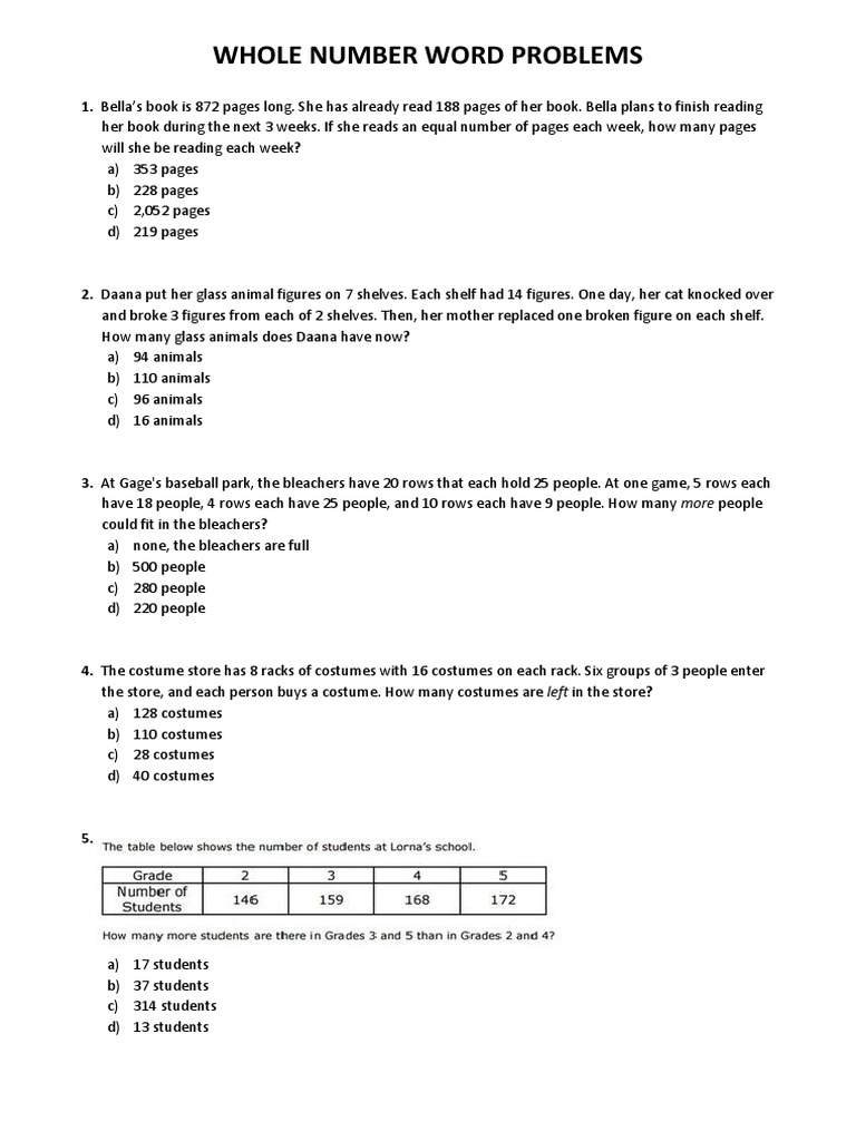 Whole Number Word Problems | PDF