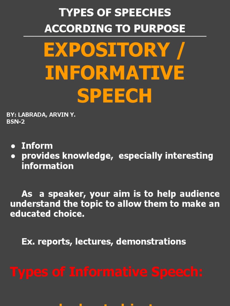 Expository / Informative Speech: Ypes of Speeches According To Purpose ...