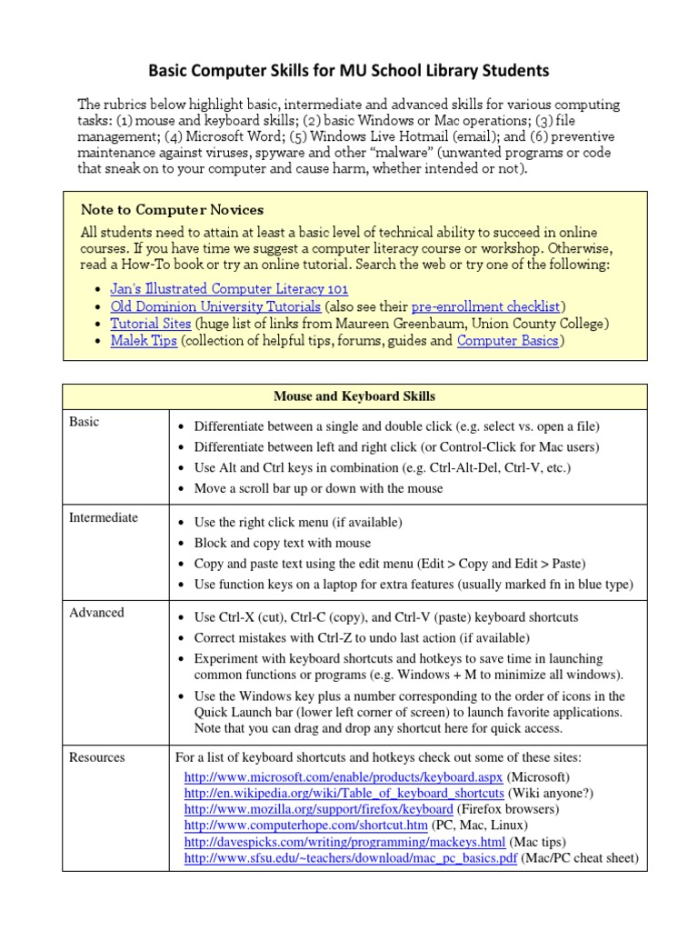 Basic Computer Skills Checklist | PDF | Finder (Software) | Computer File