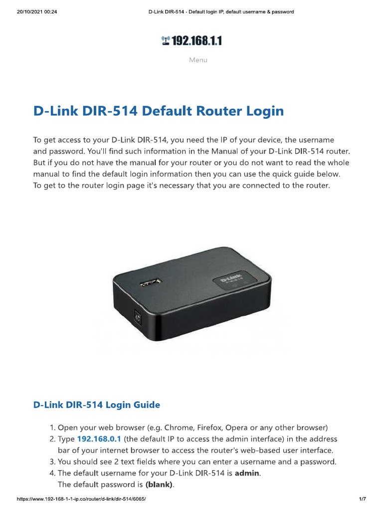 D-Link DIR-514 - Default Login IP, Default Username & Password | PDF ...