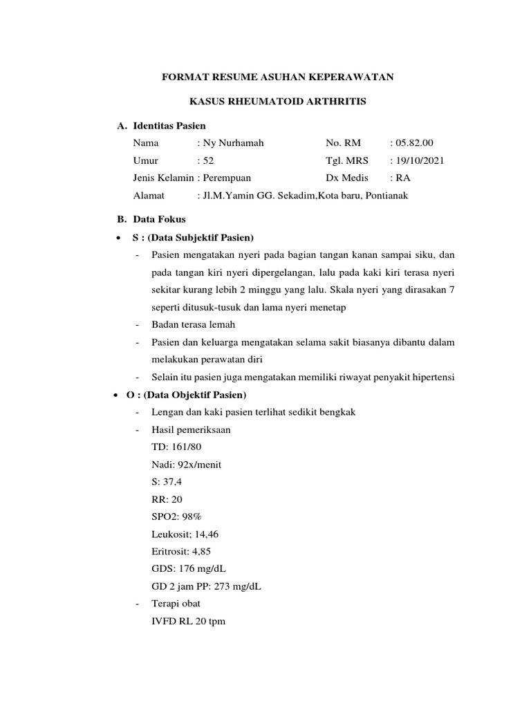 Resume Asuhan Keperawatan Rheumatoid Arthritis | PDF