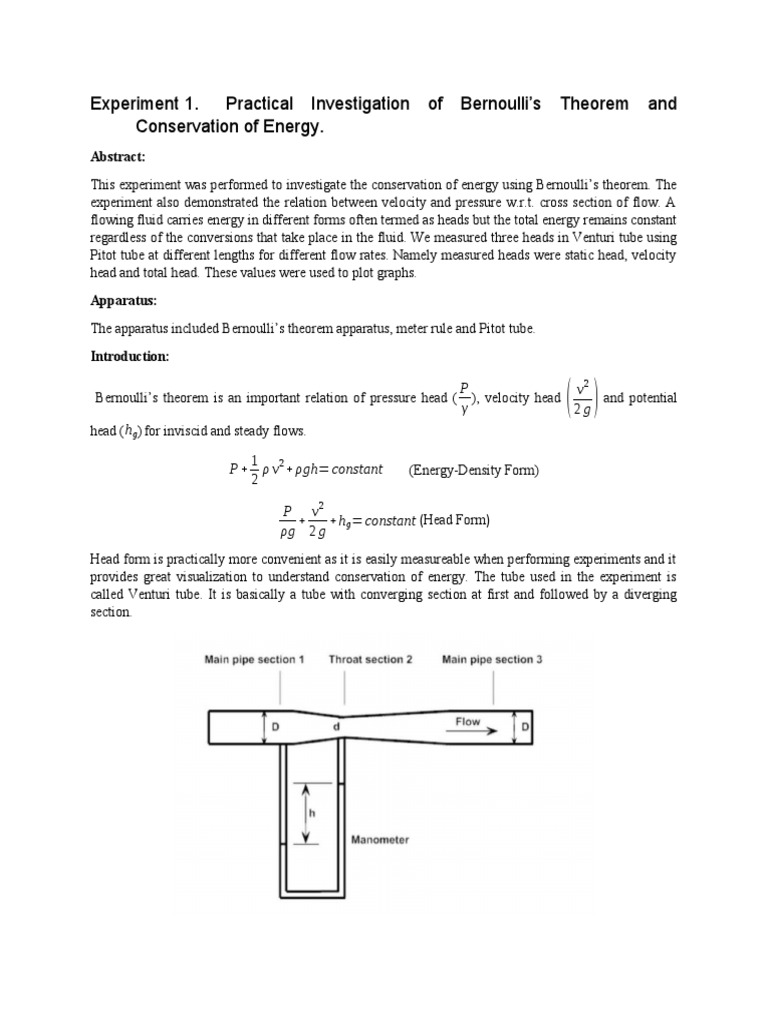 Experiment 1. Practical Investigation of Bernoulli's Theorem and ...