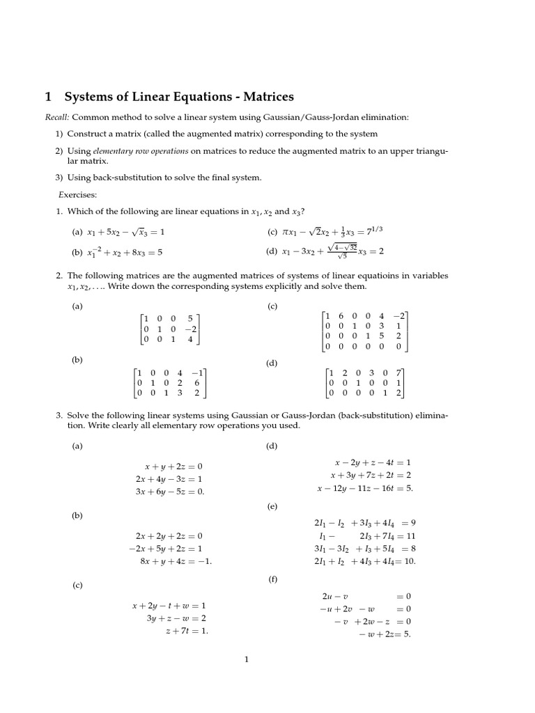 Exercises 1 Systems of Linear Equations, Matrices | PDF | System Of ...