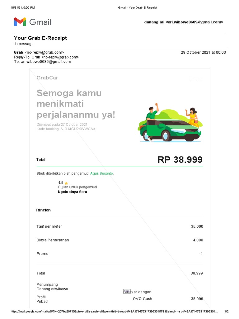 Gmail Your Grab E Receipt PDF
