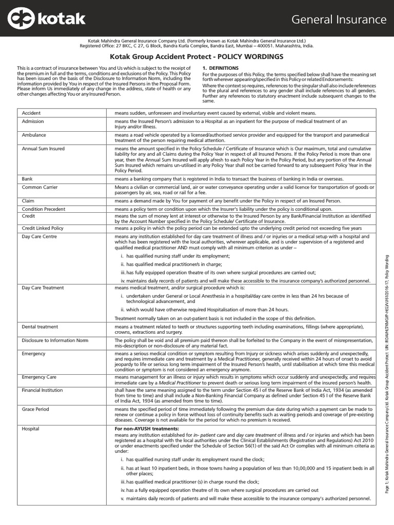 Kotak Group Accident Protect Policy Wording | PDF | Insurance ...