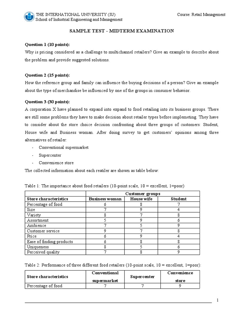 Sample Test - Midterm Exam - Retail Management - Semester I - 2020 ...