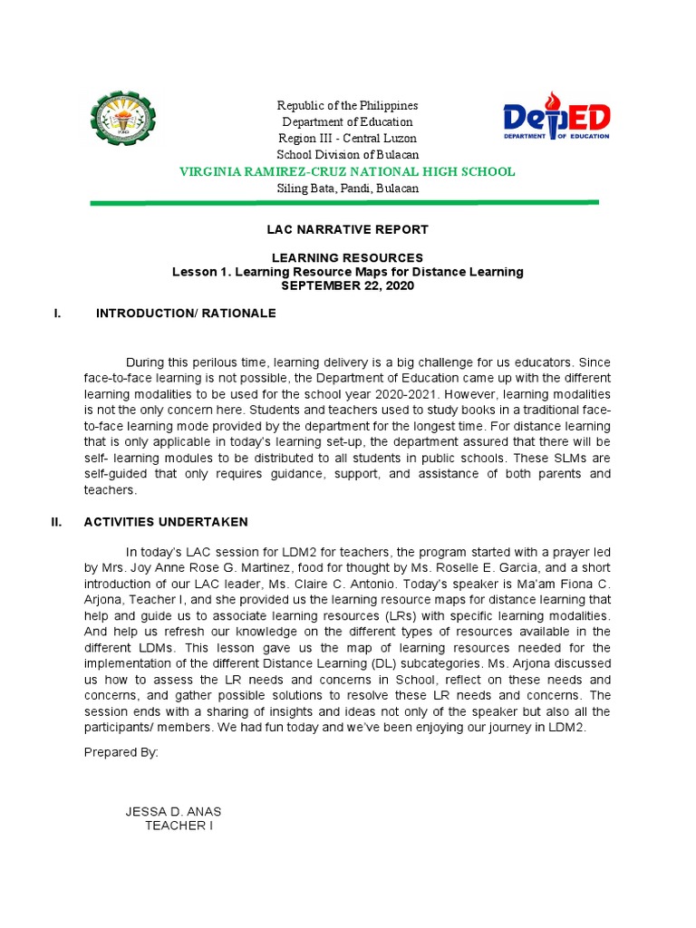 LAC Narrative Report | PDF | Distance Education | Teaching