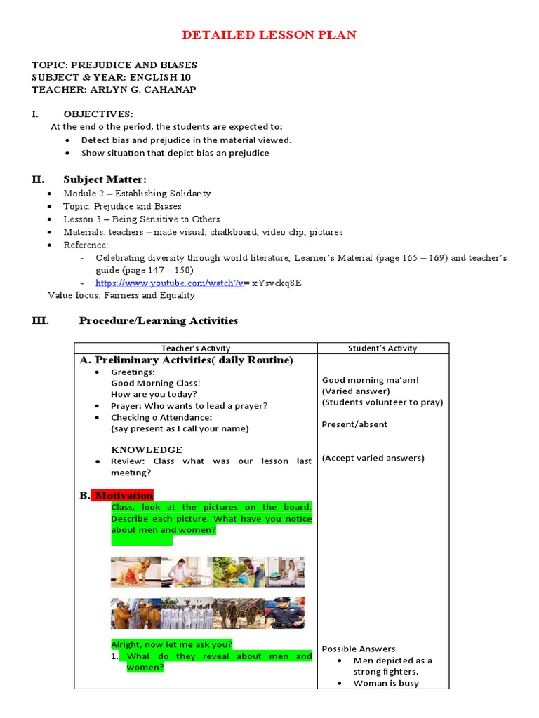 Detailed Lesson Plan: II. Subject Matter | PDF | Prejudices | Bias