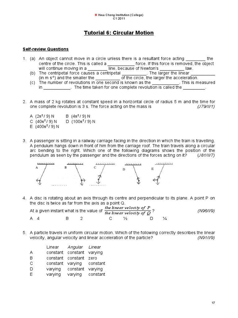 Tutorial 6: Circular Motion: Self-Review Questions | PDF | Acceleration | Force