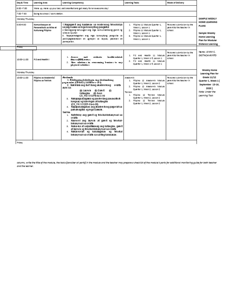 Sample Weekly Home Learning Plans Sample Weekly Home Learning Plan For ...
