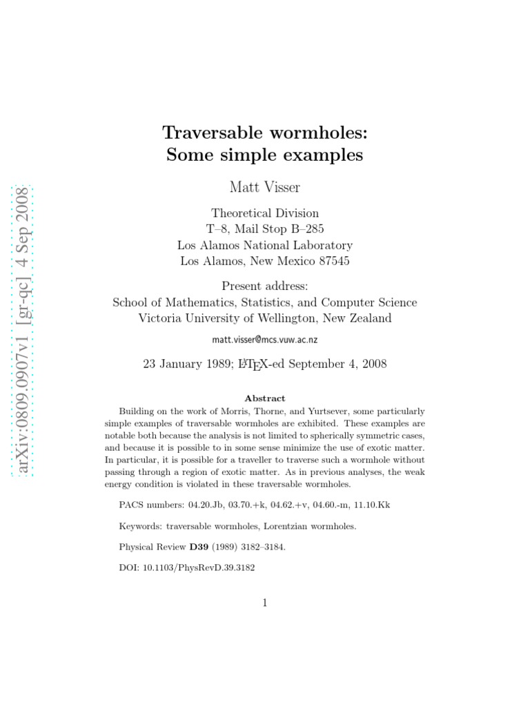 Traversable Wormholes: Some Simple Examples: Matt Visser | PDF ...