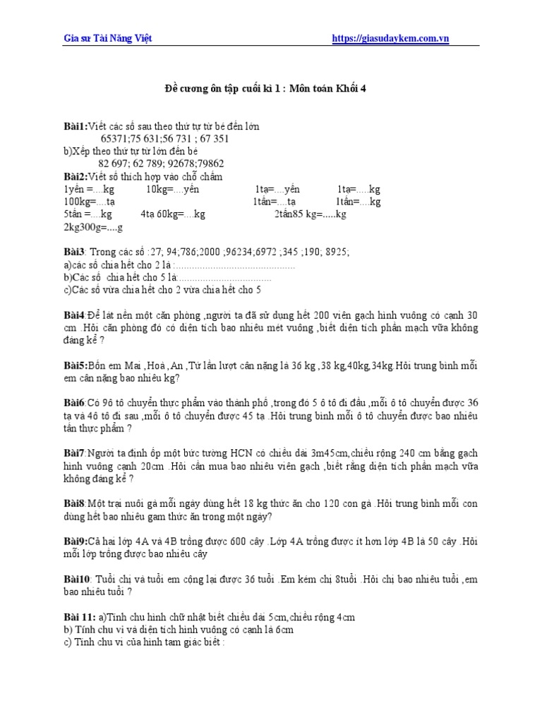 De Cuong On Tap Hoc Ky 1 Mon Toan Lop 4 Moi Nhat de Cuong On Tap Cuoi Ki 1 | PDF