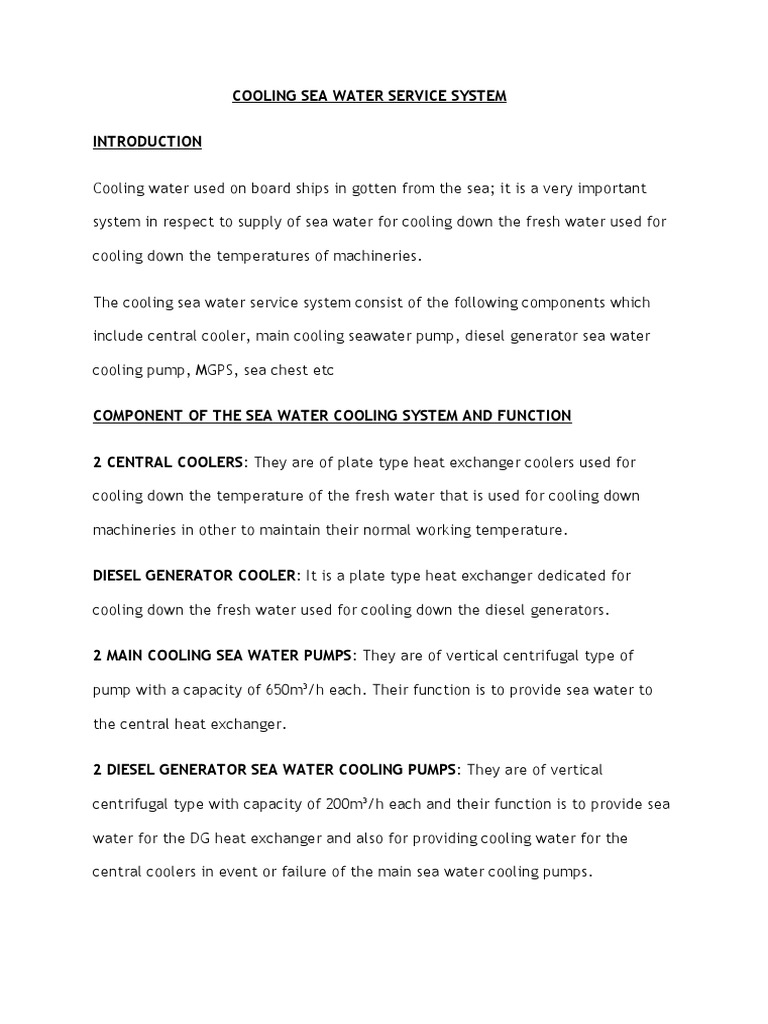 Sea Water Cooling System Overview | PDF | Pump | Sea