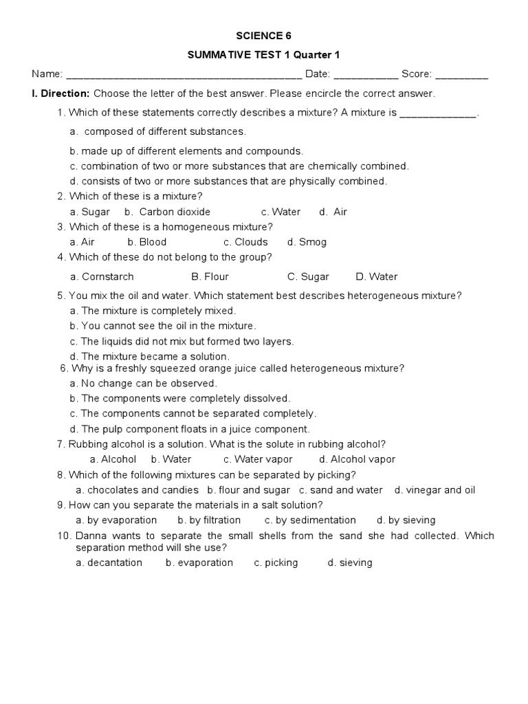 Science 6 Summative Test 1 Quarter 1 | PDF | Mixture | Solution