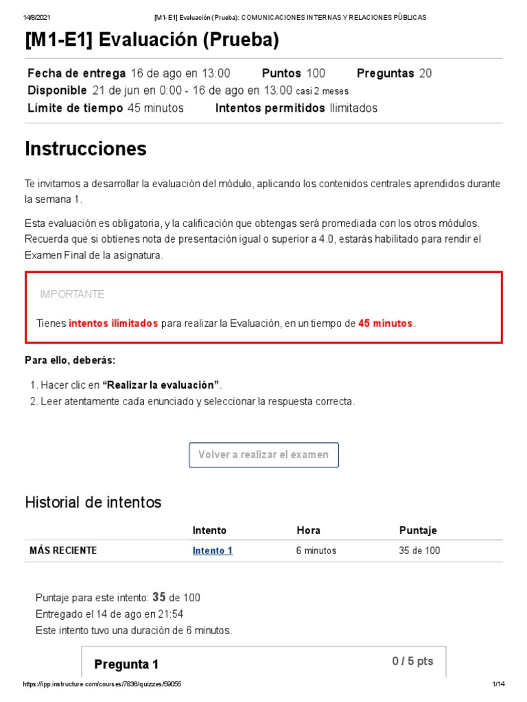 (M1-E1) Evaluación (Prueba) - Comunicaciones Internas y Relaciones Públicas | PDF | Comunicación ...
