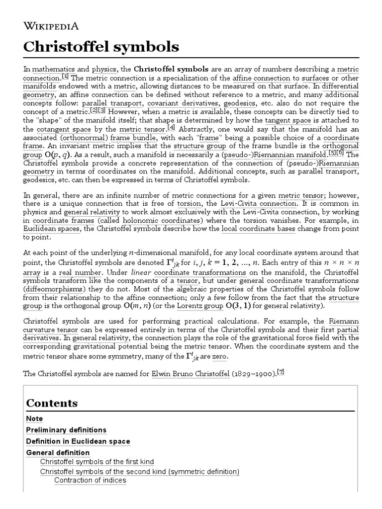 Christoffel Symbols - Wikipedia | PDF | Tensor | Theoretical Physics