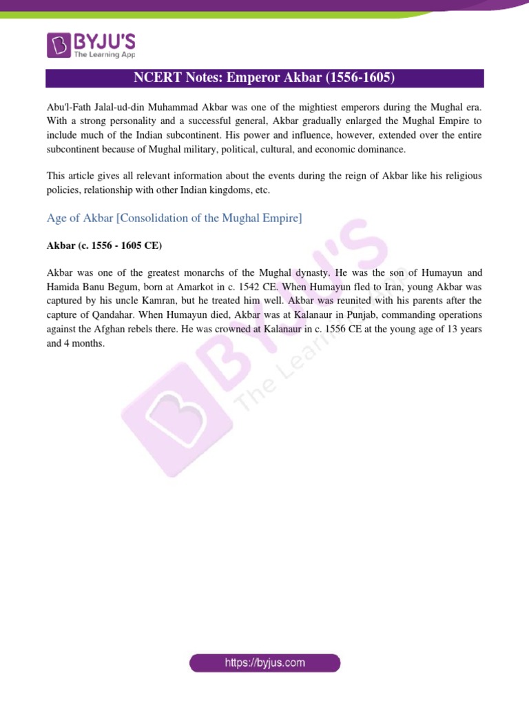 NCERT Notes: Emperor Akbar (1556-1605) : Age of Akbar (Consolidation of ...