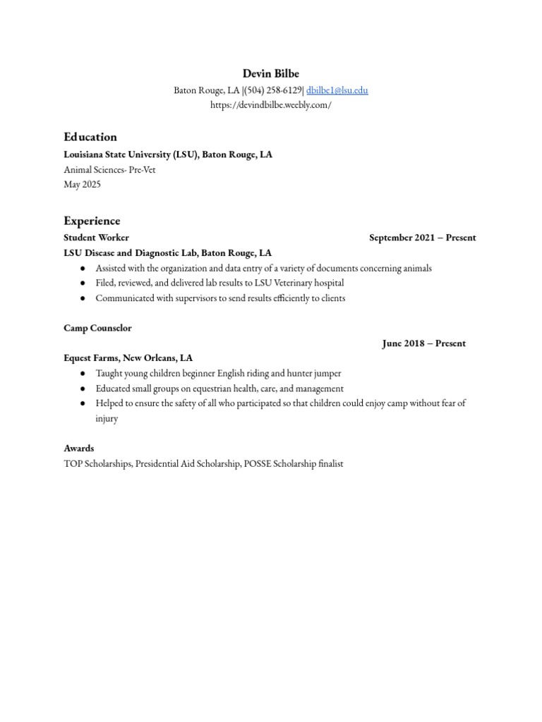 Devin Bilbe Lsu Resume 1 | PDF | Self-Improvement | Wellness