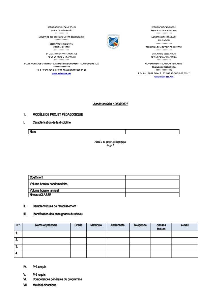 Modèle de projet pédagogique 2020/2021 | PDF | Pédagogie | Apprentissage
