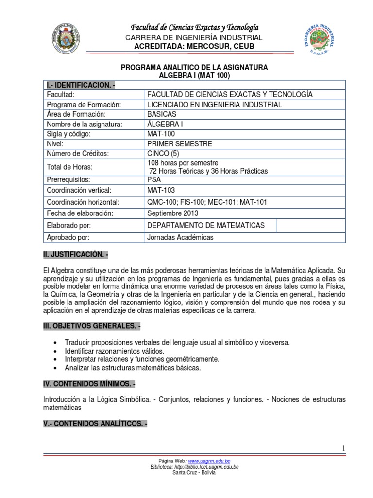 Mat 100 Algebra Ofi Rev | PDF | Proposición | Función (Matemáticas)