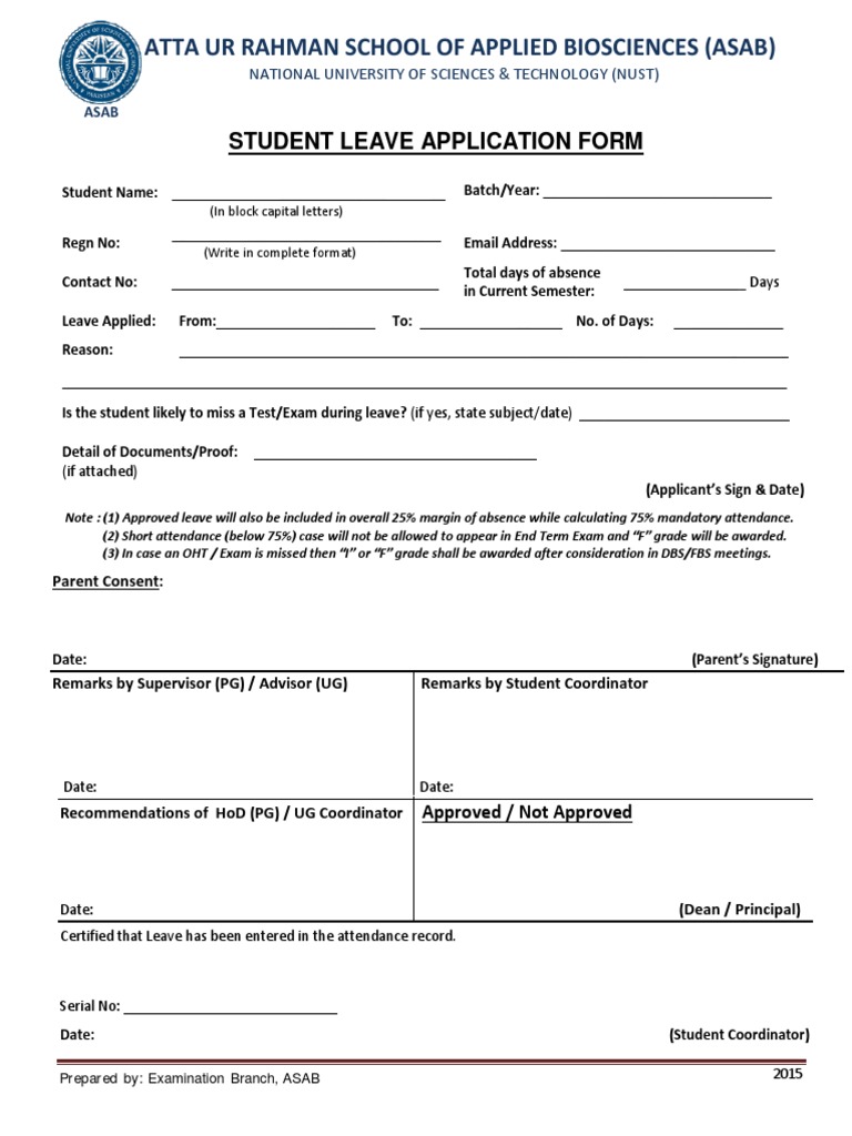 Student Leave Form - ASAB | PDF | Educational Assessment And Evaluation ...