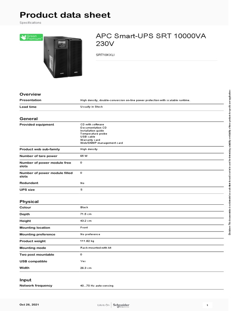 APC Smart-UPS SRT 10000VA Product Specifications | PDF | Mains ...