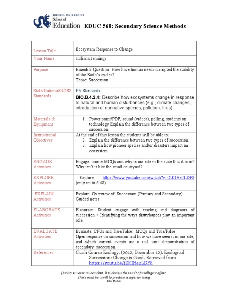 Succession Lesson Plan - Jennings | PDF | Ecology | Ecosystem