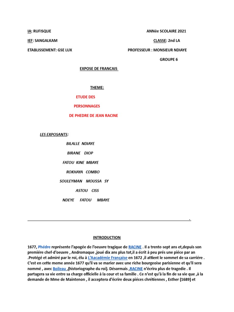 Étude des personnages de Phèdre | PDF | Jean Racine | Thésée