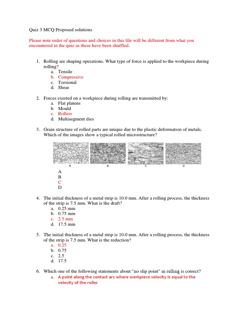 Rolling Process Quiz Solutions | PDF | Rolling (Metalworking ...