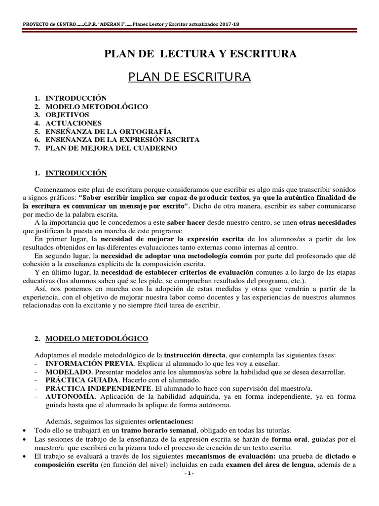 Plan Lectura y Escritura 2017 18 | PDF | Evaluación | Salón de clases
