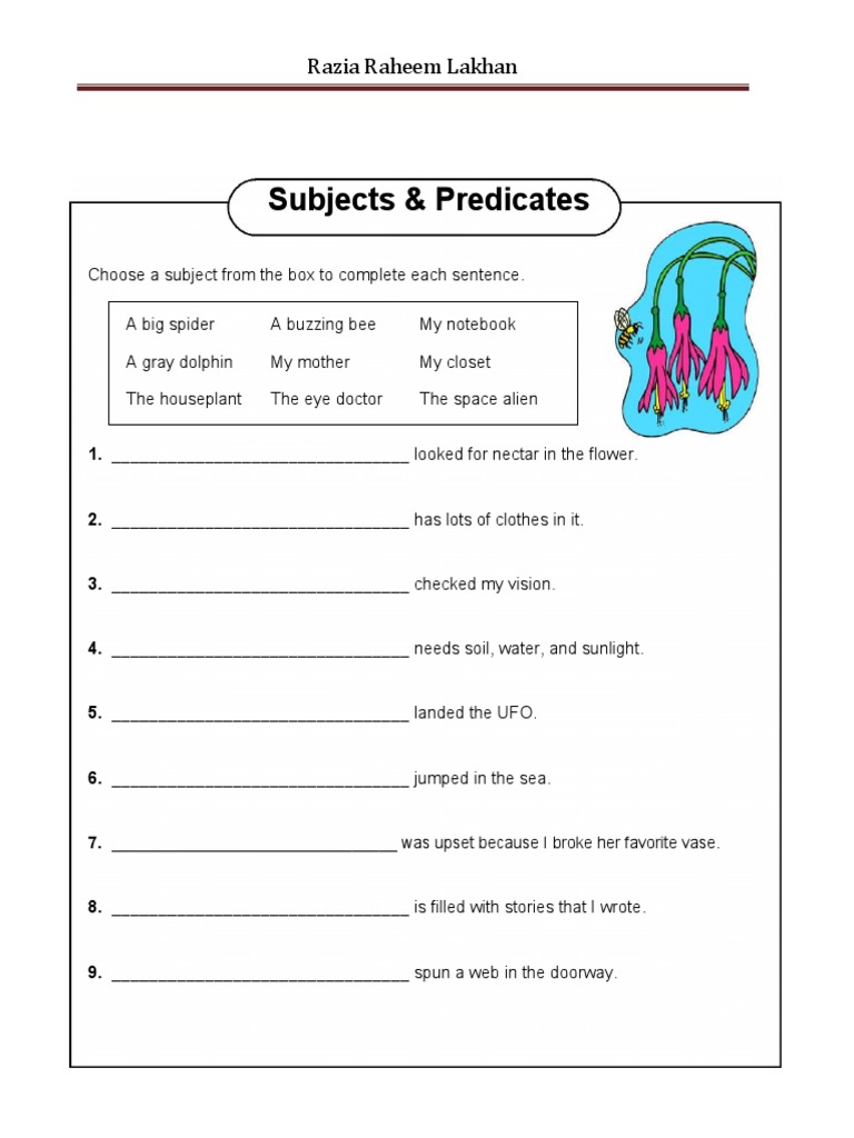 Subjects & Predicates - An Exercise in Identifying Grammatical Subjects ...