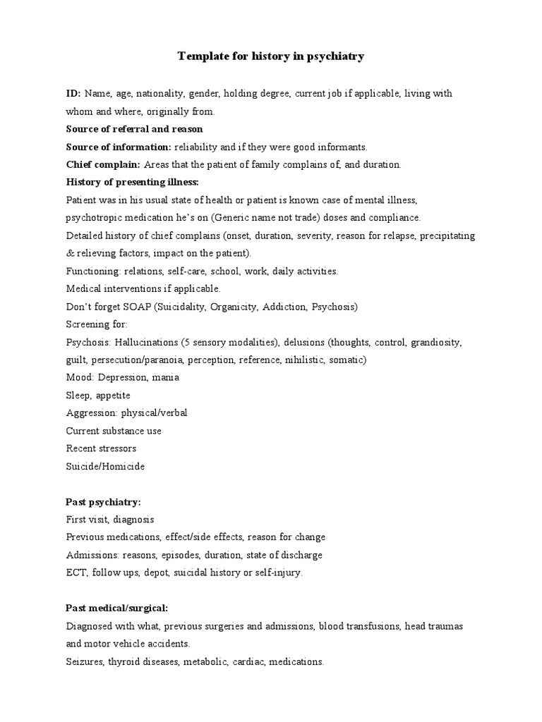 Psychiatry History Taking Template | PDF | Mental Disorder | Psychosis