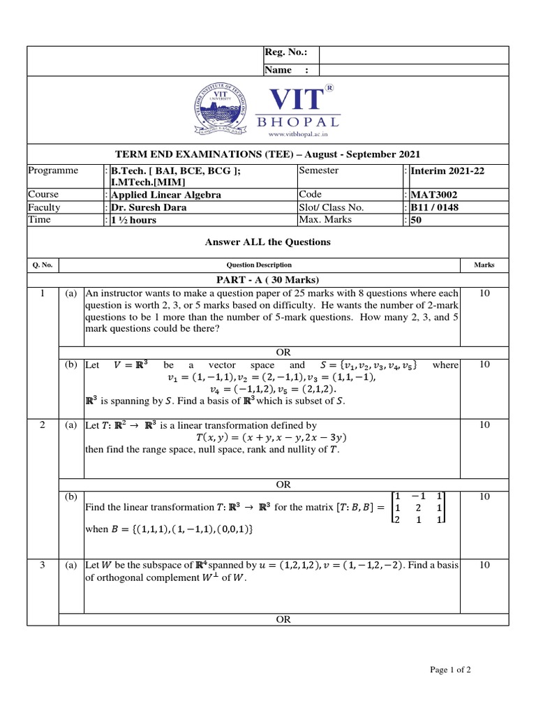 MAT3002 Applied Linear Algebra Interim 2021-22 TEE Question Paper | PDF ...