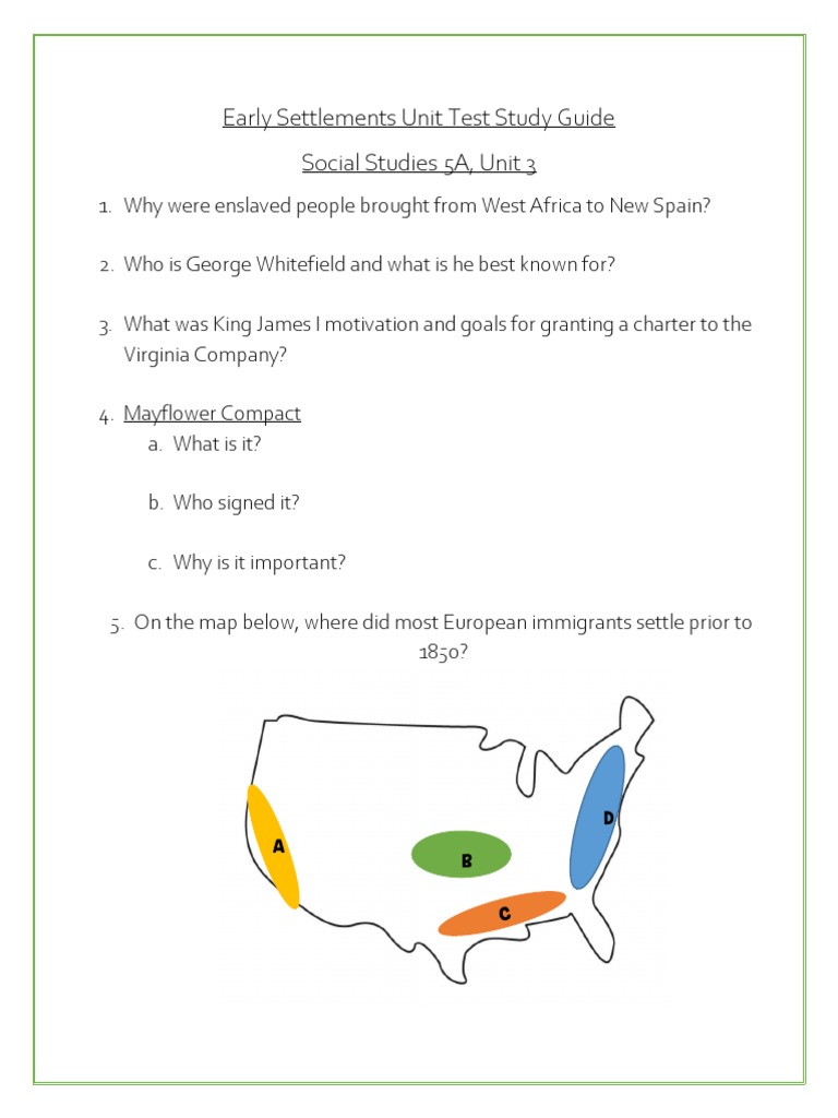 Early Settlements Unit Test Study Guide | PDF | Politics | Travel